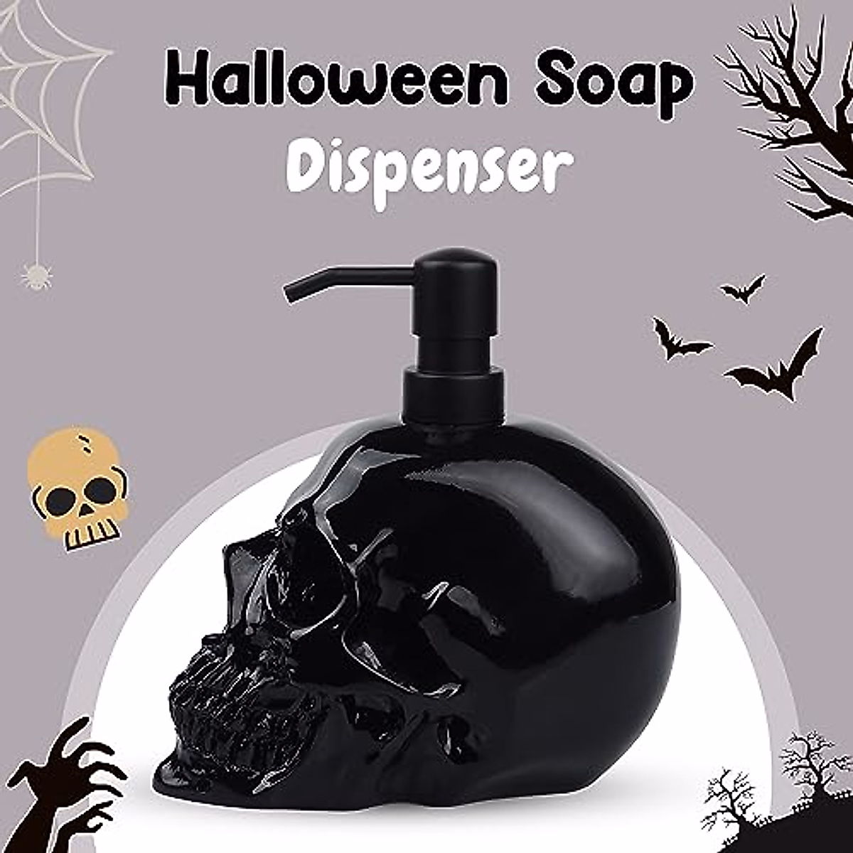 Indecor Home Halloween Soap Dispenser for Kitchen Countertop, Bathroom Sink, 100% Resin, for Hand Soap, Dish Soap, Lotion Hand Sanitizer (Gloss Black Skull)