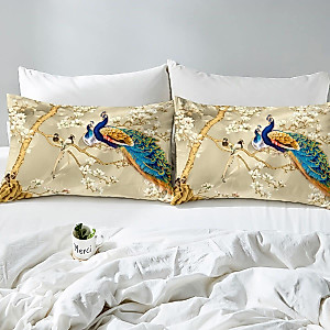 Feelyou Peacock Comforter Cover Set Peacock with Floral Bedding Set for Kids Adults Girls Animals Duvet Cover Botanical Bedspread Cover 1 Duvet Cover with 2 Pillowcases Full Size (No Comforter)