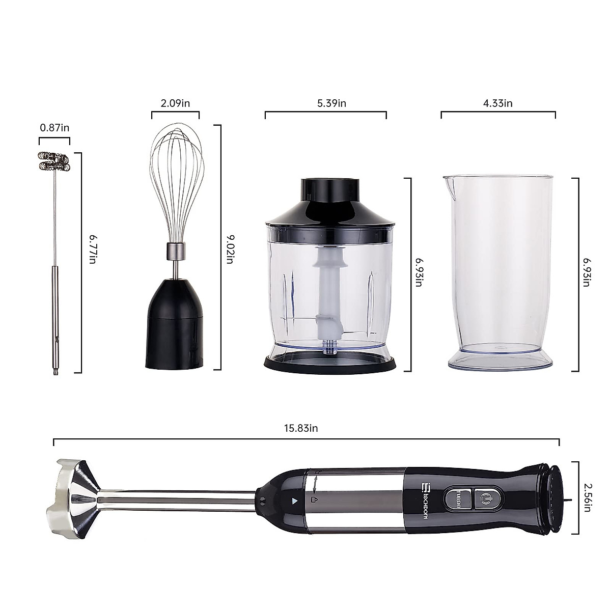 Immersion Hand Blender, 5 in 1 Multi-Purpose Hand Blender, 12 Speed+Turbo Stick Blender with 500ml Chopper, 700ml Beaker, Egg Whisk, Milk Frother, Black