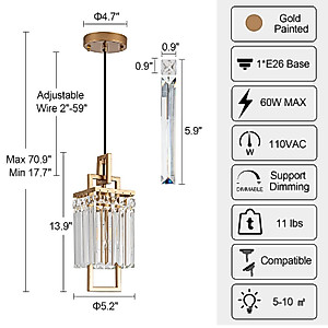 lighceac Modern Gold Pendant Light Fixtures for Kitchen Island and Dining Room, Industrial Small Hanging Crystal Chandelier Light Fixture for Bedroom Entryway Living Room Foyer Hallway 3-Pack