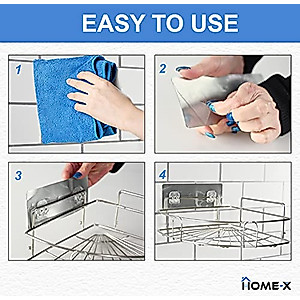 Home-X Stainless-Steel Corner Shelves for Shower Wall, in-Shower Organizer, Adhesive Shower Corner Shelves, Set of 2, 8 ¾” L x 8 ¾” W x 3 ¼” H, Stainless Steel
