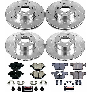 Power Stop K6039 Front and Rear Z23 Carbon Fiber Brake Pads with Drilled and Slotted Brake Rotors Kit and 1 Front & 1 Rear Sensor Wires For 2011 2012 2013 2014 2015 BMW X3 | 2015 BMW X4