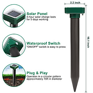 Mole Repellent Solar Powered, 10 Pack Solar Mole Repellent Ultrasonic for Vole, Snakes, Gopher, Waterproof Sonic Mole Deterrent Spikes,Snake Gopher Vole Repellent for Garden and Yard