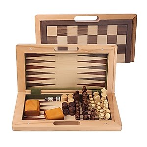 GSE Games & Sports Expert 16" Deluxe 3-in-1 Wooden Folding Chess, Checker and Backgammon Board Game Combo Set, Portable Travel Chess Checker Backgammon Set for Kids & Adults