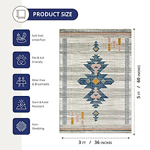 Abani Porto Collection 3' x 5' Southwestern Area Rug, Rectangular Turkish Beige & Blue Tribal Print Accent Rug Rugs