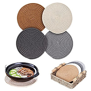 Pot Holders Trivets Set 4 Pcs with Seagrass Basket Holder, Cotton Trivets for Hot Pots and Pans, Potholders for Hot Dishes, Kitchen Counter Table Coasters Hot Pads Hot Mats (7 inch)