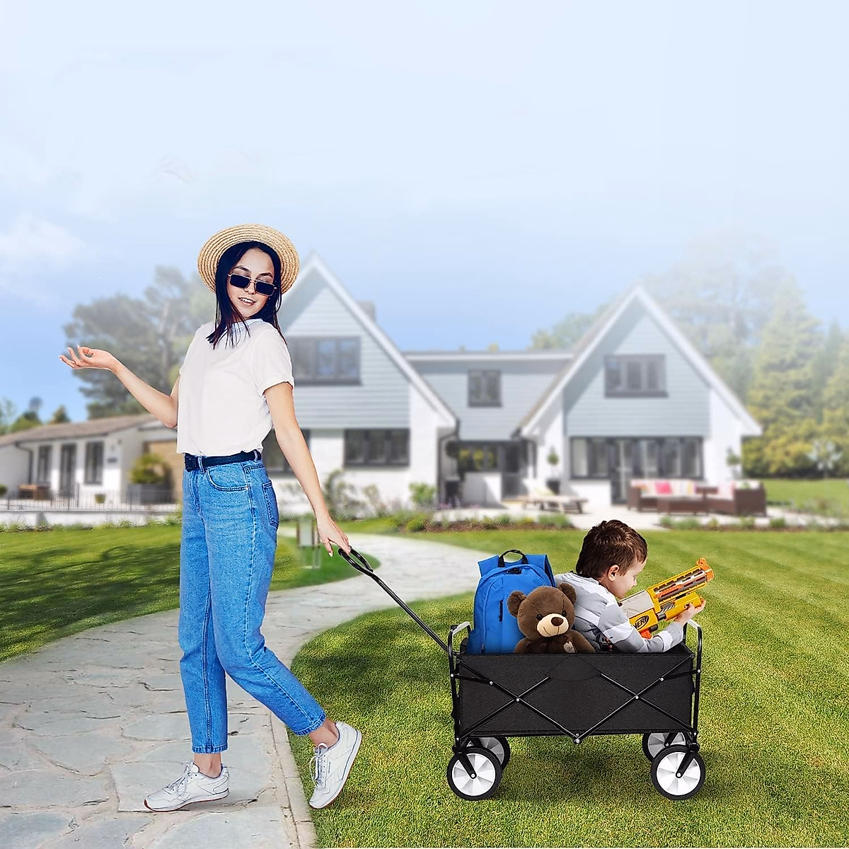 MeRcri Collapsible, Wagon Compras Convenient Collapsible Outdoor Utility Wagon - Heavy Duty, Adjustable Handle, Drink Holders - Portable Camping Trolley with Storage Bag