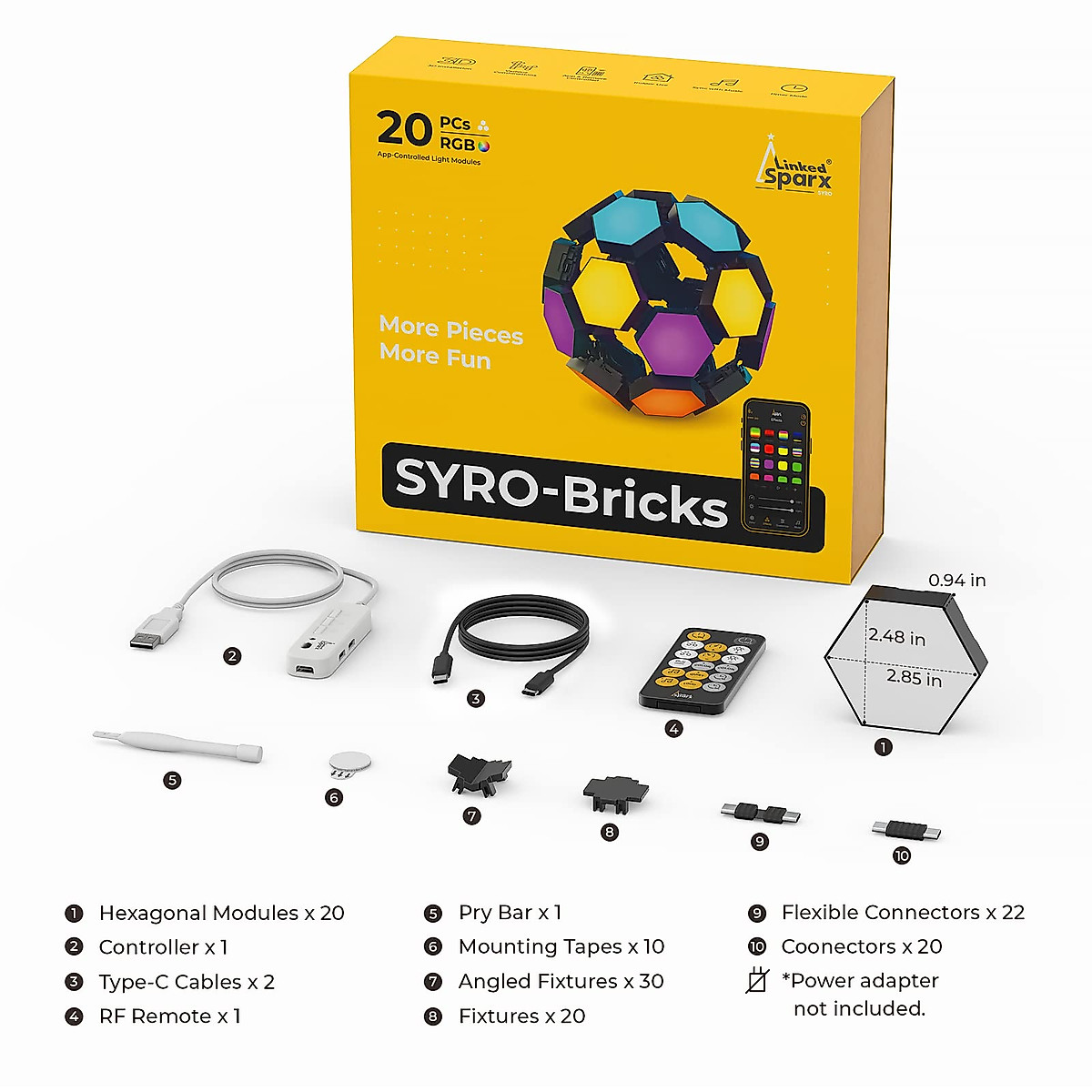 LinkedSparx Syro-Bricks 3D Hexagon Lights, Smart App Control RGB Hexagon LED Lights for Wall or Desktop with Music Sync for Gaming Room Streaming Decor (20Pack)