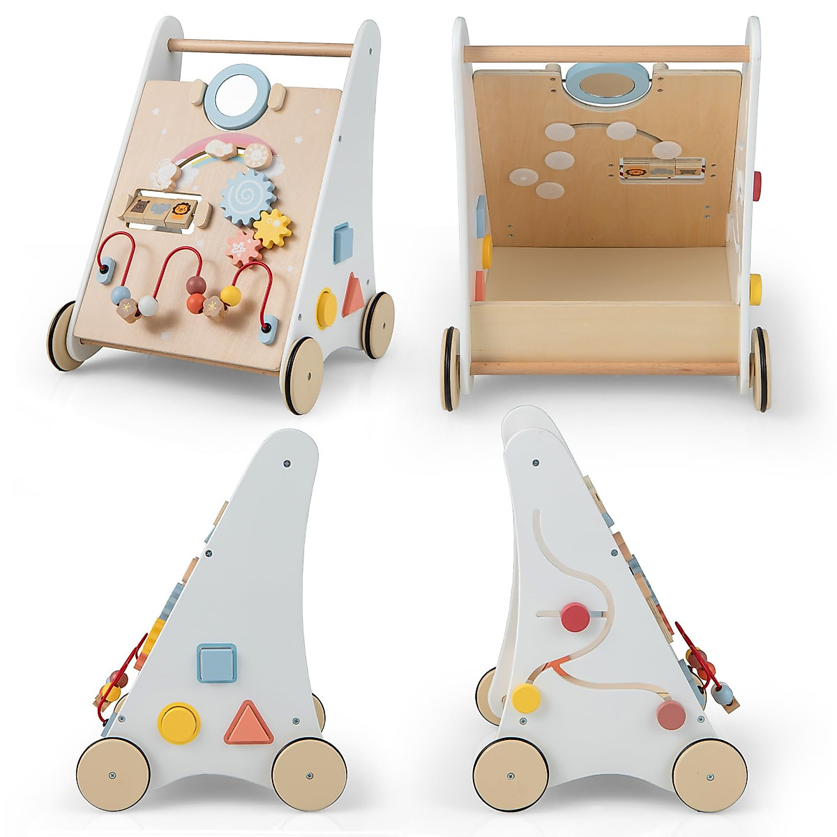 BABY JOY Wooden Baby Walker, Push and Pull Sit-to-Stand Learning Walker Activity Center, Toddler Montessori Educational Toy, Develops Motor Skills & Stimulates Creativity, Push Walker for Boys Girls