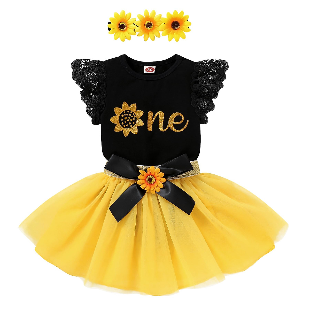 HAPPYMA Baby Girls One 1st Birthday Outfit Bee Romper Tulle Tutu Skirt Sets Sequin Bow Princess Party Dress Clothes (6-12 Months, Black B)