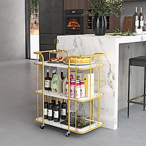 Giantex Gold Bar Cart, Home Island Service Cart, 3 Tier Storage Shelves with Guardrail, Imitation Marble Top, Kitchen Utility Trolley on Wheel Lockable for Dining Room Wine Coffee Bar White (1)