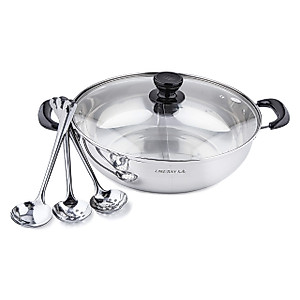 Lake Tian Stainless Steel Shabu Shabu Hot Pot, Dual Sided Yin Yang Hot Pot with Divider Include 3 Pot Spoons, 12 Inch 30 cm鸳鸯火锅