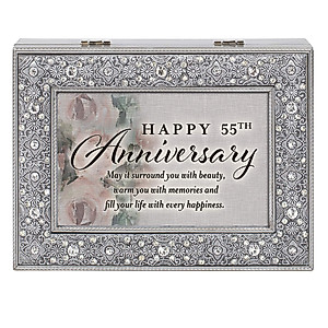 Cottage Garden Happy 55th Anniversary Brushed Pewter Finish Jeweled Music Box Plays Wonderful World