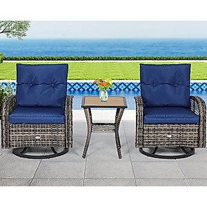 YITAHOME 3 Piece Patio Outdoor Swivel Glider Rocker Wicker Patio Bistro Rocking Set with Wood-Grain Table for Garden, Backyard and Balcony (Navy Blue)