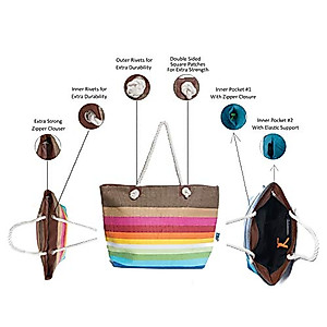PIER 17 Women's Beach Bags | Extra Large Striped Straw Shoulder Tote with Rope Handle Zipper Closure Inner Pockets