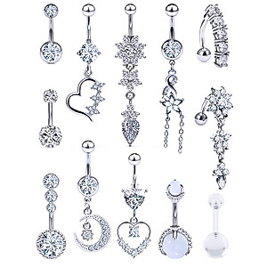 Vsnnsns 14G Belly Button Rings Stainless Steel CZ Skull Piercing Jewelry Belly Bars Curved Navel Ring Barbell Body Jewelry Piercing for Women Men Silver 10MM