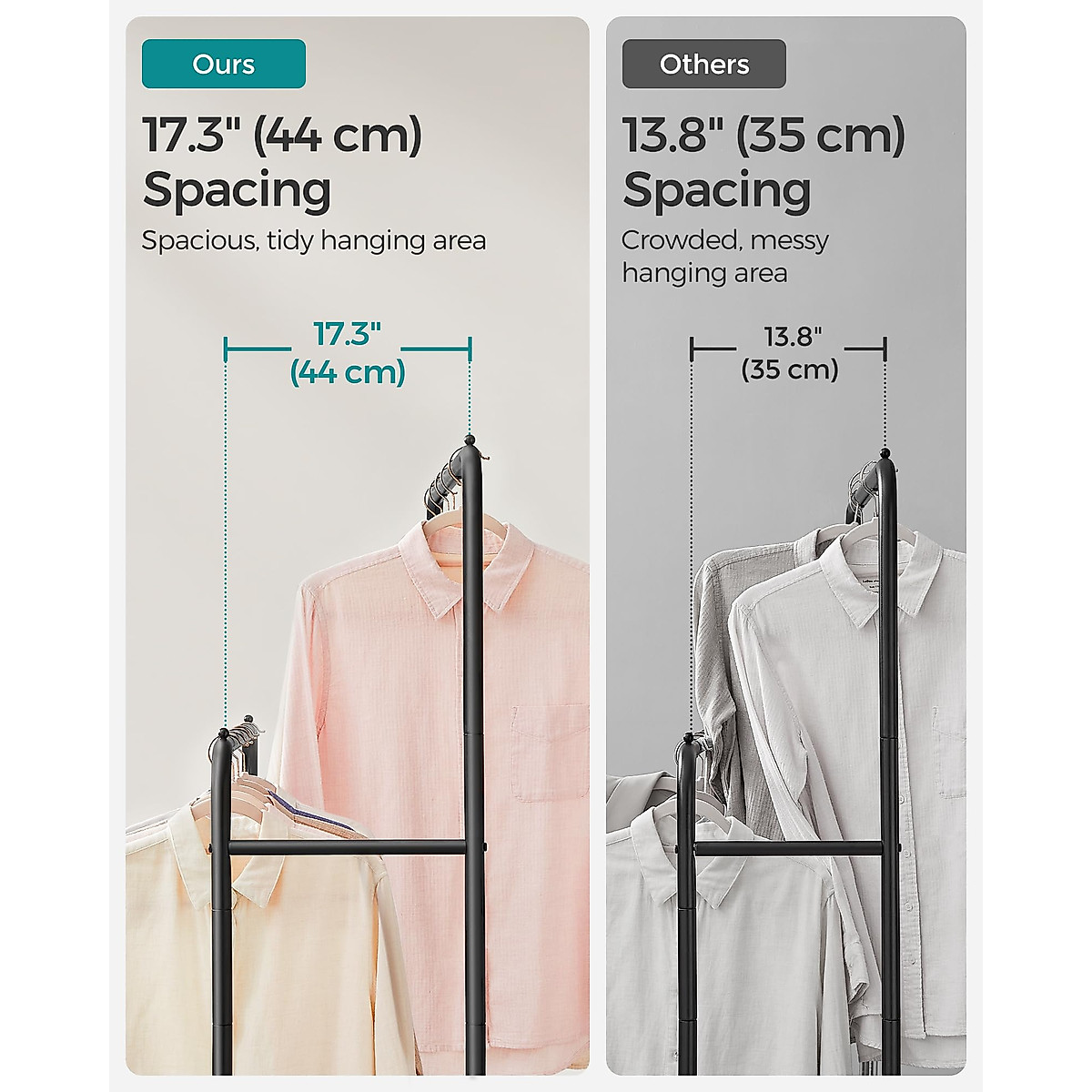 SONGMICS Double Rods Clothes Rack with Wheels, Clothing Rack for Hanging Clothes, Heavy Duty Garment Rack with Mesh Storage Shelf, 2 Brakes, Each Top Rail Holds up to 77 lb, Black UHSR26BKV1