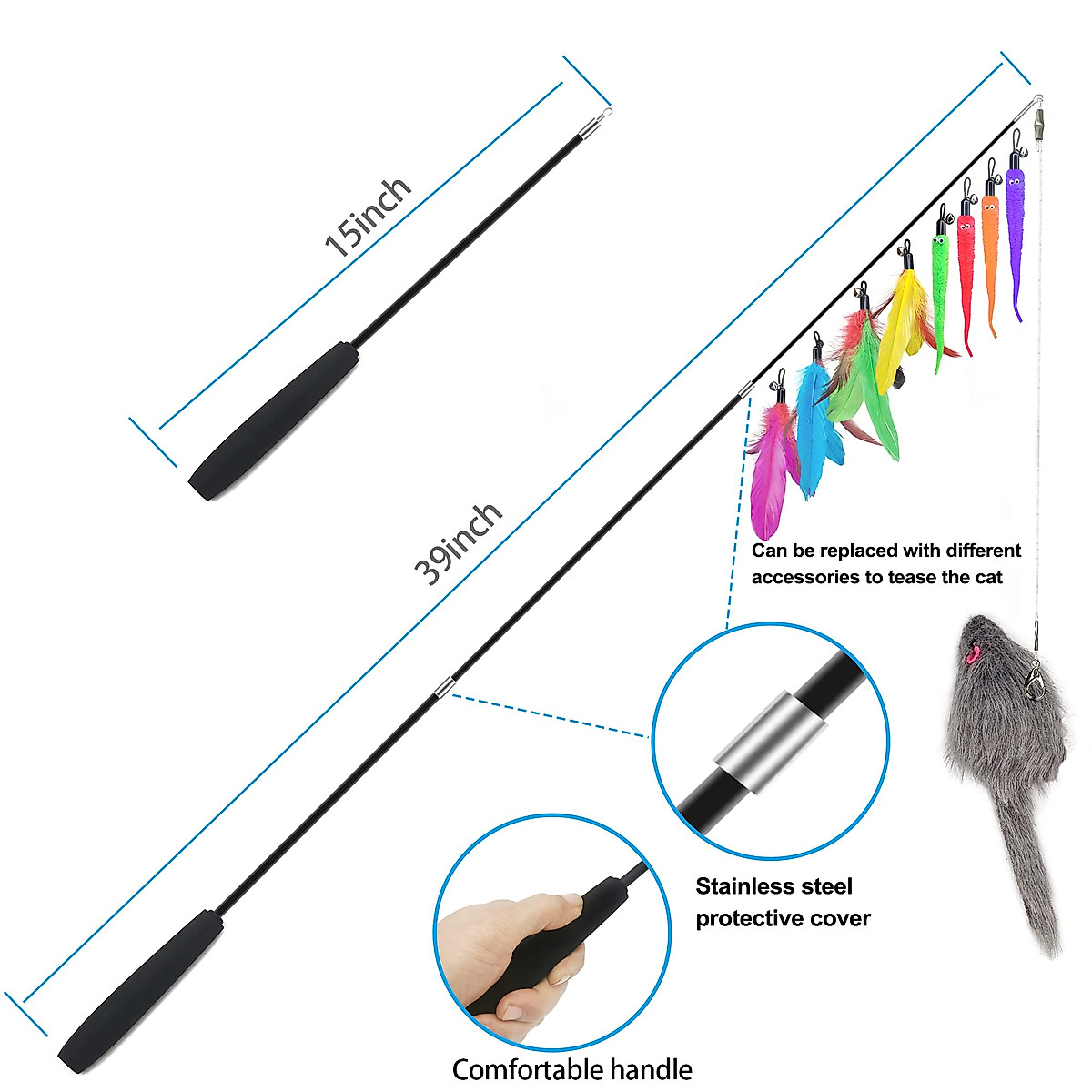 Interactive Cat Toys Set Teaser Feather Wand, Hanging Door Toy & Multiple Attachments - Telescopic Cat Fishing Pole Toy for Kitten