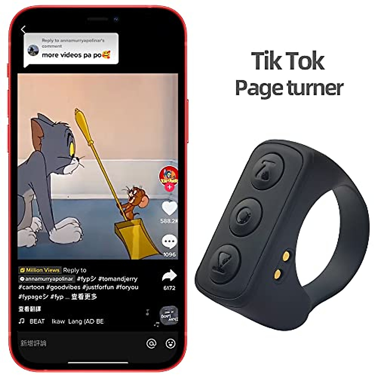 TikTok Remote Control Page Turner, Bluetooth Camera Video Recording Remote, TIK Tok Scrolling Ring for iPhone, iPad, iOS, Android - Black