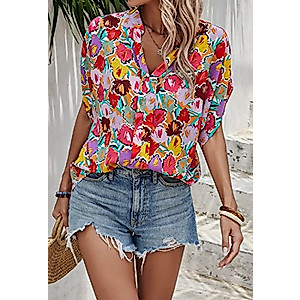 CCTOO Women's Blouses V Neck Short Sleeve Curved Hem Solid Chiffon Dressy Blouse Casual Shirts Tops 159 Color Floral Large