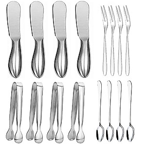 Linwnil Stainless Steel Spreader Knife Set,4pcs Cheese Butter Spreader Cheese Slicer Knife 4pcs Mini Serving Tongs 4pcs Spoons and 4pcs Forks