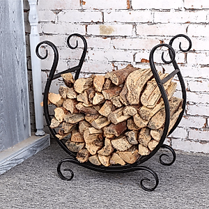 MyGift Black Metal Firewood Rack, Freestanding Fireplace Log Storage Holder with Scrollwork Design