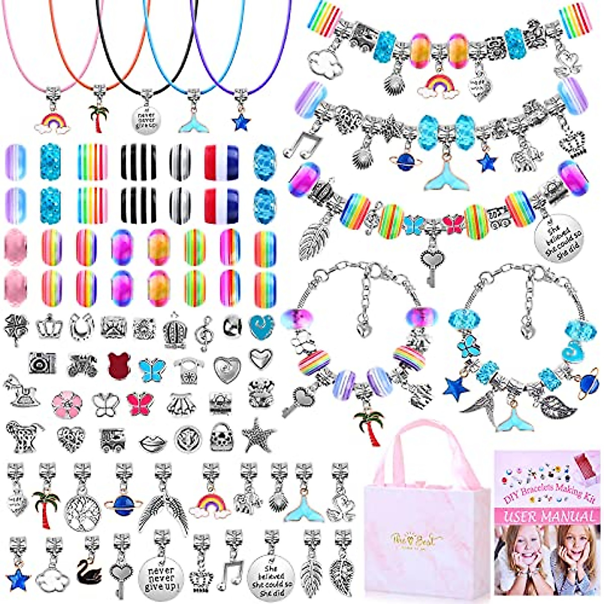 DIY Bracelet Making Kit for Girls, Thrilez 97Pcs Charm Bracelets Kit with Beads, Pendant Charms, Bracelets and Necklace String for Bracelets Craft & Necklace Making, Gift Idea for Teen Girls