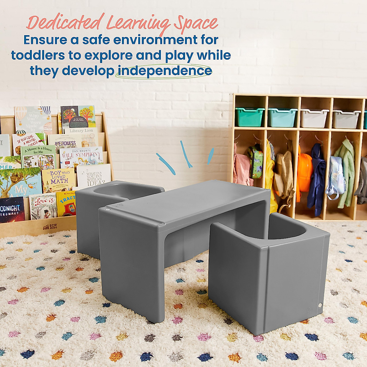 ECR4Kids Tri-Me Table and Cube Chair Set, Multipurpose Furniture, Dark Grey, 3-Piece