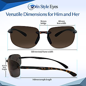 In Style Eyes Lovin Mawi Wrap Around Bifocal Sunglasses, Rimless Reading Glasses with UV Protection - Polarized Lens - Tortoise - 2.0x