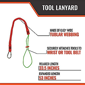 Malta Dynamics Tool Tether Lanyard with Carabiner Attachment, 53" Expansion, Adjustable Loop End (1 Pack)