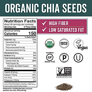 Viva Naturals Organic Chia Seeds 2 LBs - Plant-Based Omega-3 and Vegan Protein, Non-GMO Chia Seeds Organic Perfect for Smoothies, Salads and Chia Seed Pudding, Black Chia Seeds Bulk