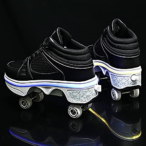 KOFUBOKE LED Deformation Roller Skate Shoes Double-Row Walking Shoes with Invisible Wheels 2 in 1 Removable Pulley Parkour Skating (Black, 3.5)
