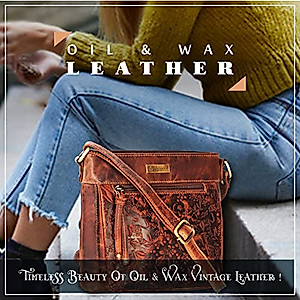 LEVOGUE Genuine Leather Crossbody Handbag for Women - Shoulder bag for Womens Handmade by VALENCHI (Cognac Vintage-Flower)