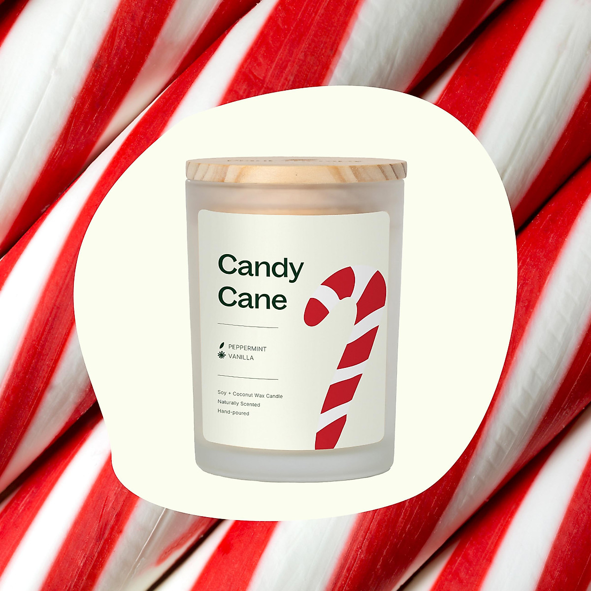 Plant Therapy Candy Cane Naturally Scented Candle 9 oz Hand-Poured Coconut & Soy Wax Blend, Crisp & Cool Natural Scent, Chic Frosted White Jar with Wooden Lid