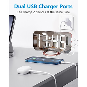 Digital Alarm Clock,7 Inch LED Mirrored Large Display, with Dual USB Charger Ports,Auto Dim,Snooze Function,Modern Desk Wall Electronic Clocks for Bedroom Living Room Office - Rose Gold