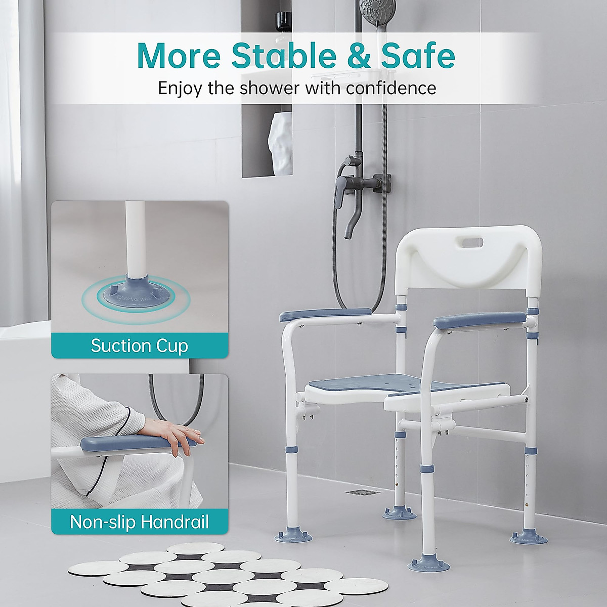 ELENKER Folding Shower Chair 350lbs, Heavy Duty Bath Safety Seat with Soft EVA Cushion and Large Suction Cups for Seniors Handicap and Pregnant Women