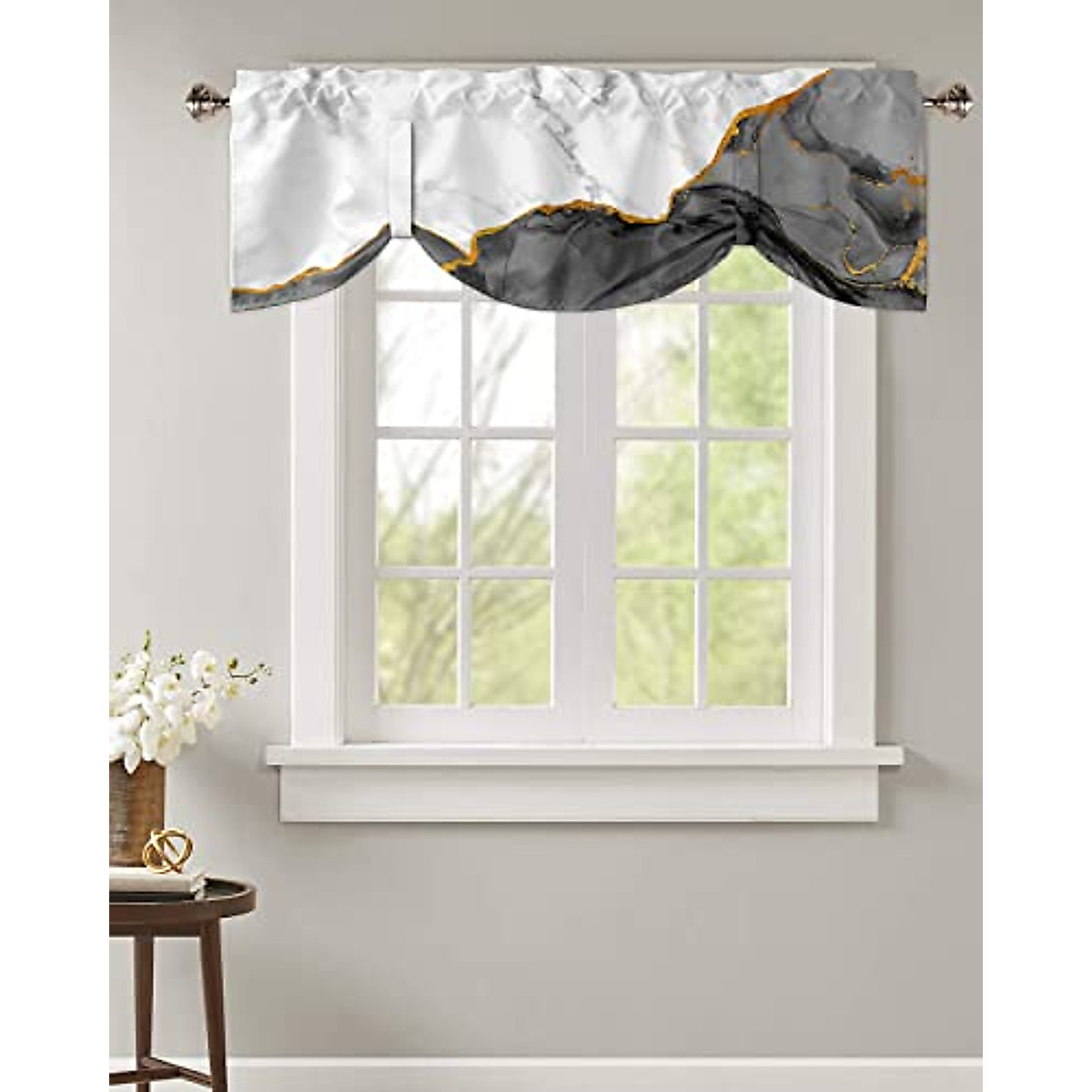 Funnywall88 Tie Up Curtain Valance for Living Room,Wild Marble Pattern Gold Black Grey White Ombre Valance for Kitchen Window Valance Adjustable Tie-up Valance 18 Inch Rod Pocket 1 Panel