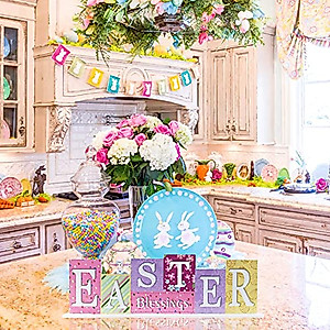 Easter Decorations, DECSPAS Double Sided Wooden Sign Valentines Easter Decor, Decorative Wood Block Set Easter Decorations for the Home, Living Room, Mantle, Dining Table, Office