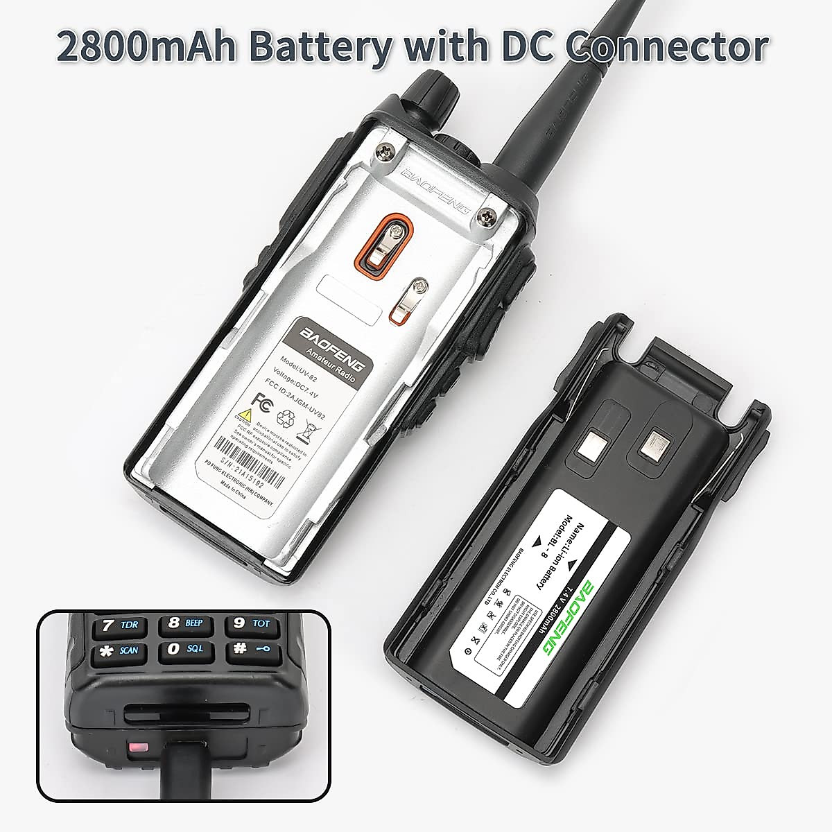 BAOFENG UV-82 Battery Upgraded BL-8 2800mAh Li-ion Battery with Type-C Charger Cable for UV-82HP UV-82C MIRKIT UV-82 MK3/5 etc Two Way Radio