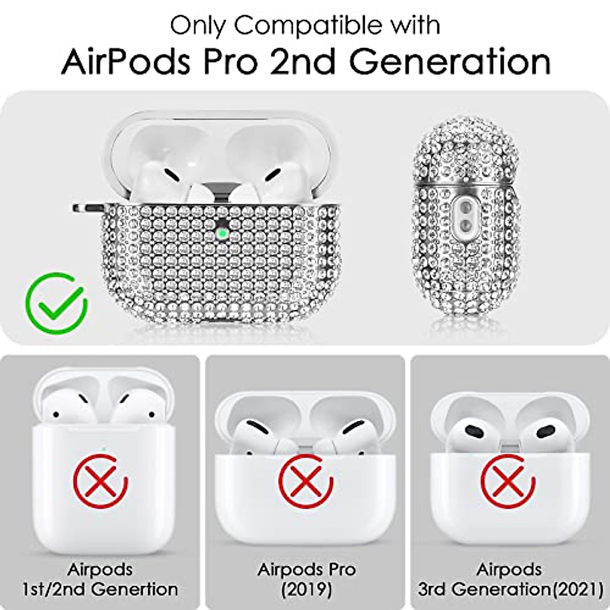 Case for AirPods Pro 2nd Generation, Filoto Cute AirPod Pro 2 Protective Case Cover for Women Girls, Bling Crystal PC Apple Air Pods Pro Cases Accessories with Lobster Clasp Keychain (Silver)