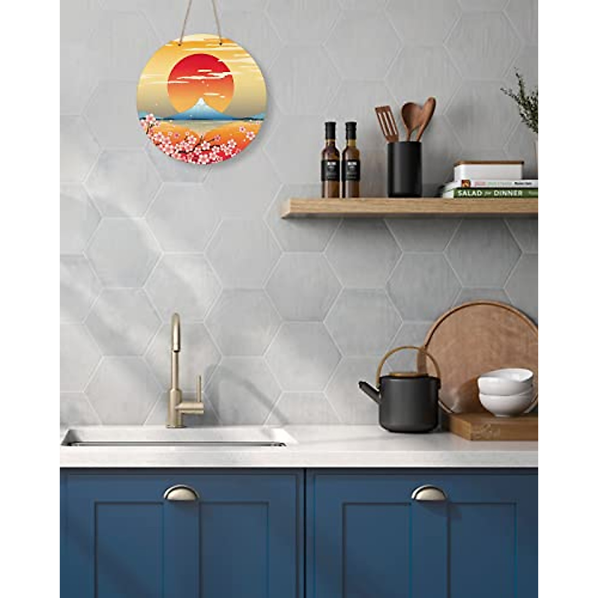 Welcome Wood Wall Hanging Sign (10"x10"), Japanese Mount Fuji Cherry Blossom Sunset Welcome Sign for Front Door, Round Hanging for Home Office Kitchen Farmhouse Garden