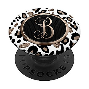 Cute White Leopard Print Cheetah Monogram Initial Letter B PopSockets Swappable PopGrip