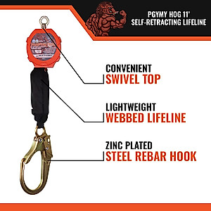 Malta Dynamics Pygmy Hog 11' Web Self Retracting Lifeline, YoYo Cable with Rebar Hook, Fall Protection Retractable Safety Harness Lanyard - OSHA/ANSI Compliant