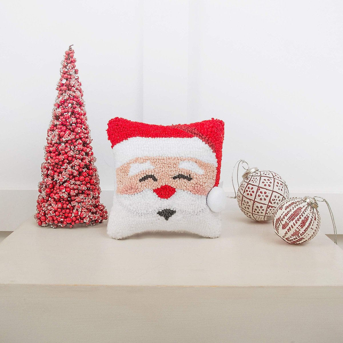 C&F Home 8" X 8" Happy Santa Hooked Pillow Petite Xmas Christmas Winter Decor Decoration Throw Pillow for Couch Chair Living Room Bedroom 8 x 8 Red
