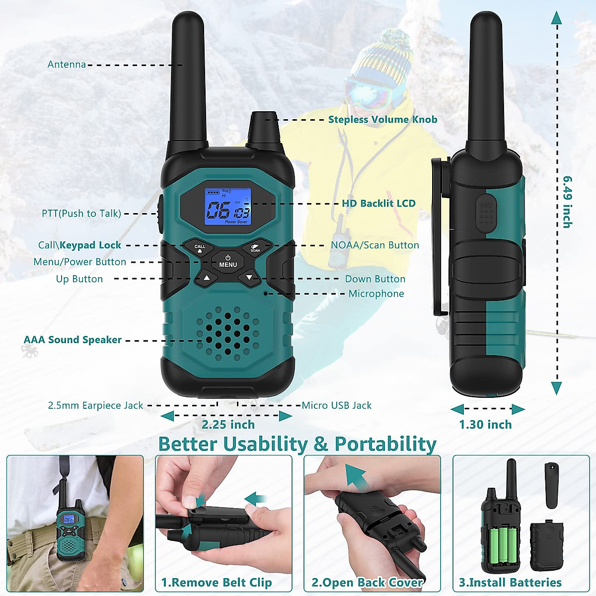 Topsung Walkie Talkies 6 Pack Rechargeable Walkie-Talkies for Adults Long Range Distance FRS 2 Way Radios Walkie Talkies Work Hunting Walkie Talkies with Headsets NOAA 2xUSB Charger 6x4500mAh Battery