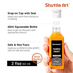 Fabric Paint, Shuttle Art 18 Colors Permanent Soft Fabric Paint in Bottles (60ml/2oz) with Brushes, Palette, Stencils, Non-Toxic Textile Paint for T-shirts, Shoes, Jeans, Bags, DIY Projects&Art Crafts