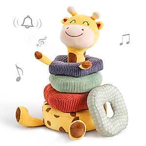TUMAMA Plush Stacking Rattles Baby Toy Giraffe Stacks of Circles STEM Montessori Toy Baby Shower Deer Woodland Stuffed Animals Gift for 3 6 9 12 18 Months 1 Year Olds Infant Toddler Boy Girl