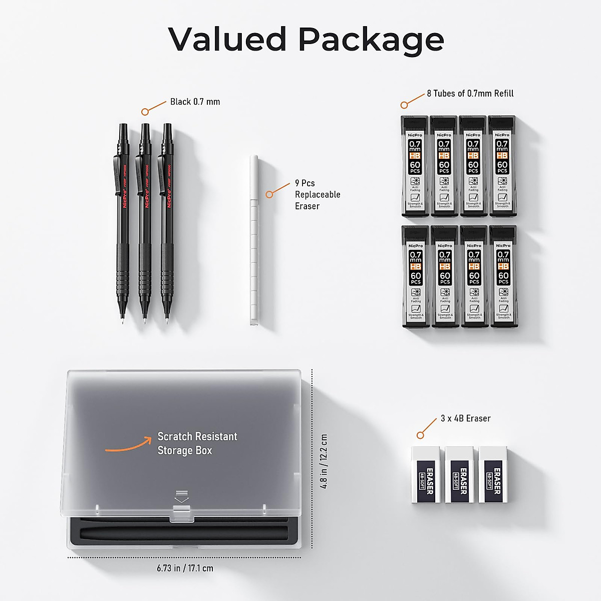 Nicpro 0.7 mm Mechanical Pencils Set with Case, 3 Metal Artist Pencil With 6 Tube HB Lead Refills, 3 Erasers, 9 Eraser Refills For Architect Art Writing Drafting Drawing, Engineering, Sketching, Black