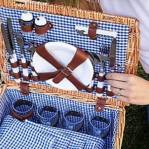 Wicker Picnic Basket Set for 4 Persons Portable Willow Hamper Large Capacity, Lightweight, Durable, and Washable Cotton Cloth Basket with Handle and Lid for Outdoor, Family, Camping (16 x 12 x 7.1in)