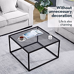 SAYGOER Glass Coffee Table, Small Modern Coffee Table Square Simple Center Tables for Living Room 26.7 x 26.7 x 15.7 Inches, Gray Black